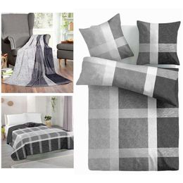 Home & Living Set ( Anthrazit ) Bettbezug 100% Baumwolle ( 135x200cm / 80x80cm ), Tagesdecke 220x240cm, Kuscheldecke 150x200cm - Öko-Tex 100