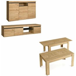 Set Naturale Wohnzimmer-Esszimmer, Anrichte, Sideboard-TV Schrank160cm-ausziehbarer Tisch Eiche/schwarz - braun - Skraut Home