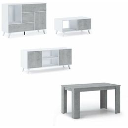 Set Wind, Wohnzimmer-Esszimmer, Anrichte, Buffet-Fernsehecke-Niedriger Tisch-Feststehender Tisch Rahmenfarbe Weiß und Türen und Schubladen Farbe