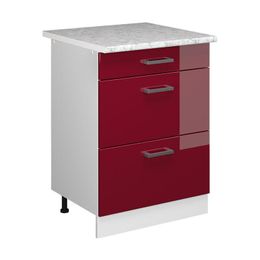 Schubladenunterschrank R-Line 60 cm Weiß/Bordeaux-Rot Hochglanz modern 3 Schubladen Arbeitsplatte VICCO