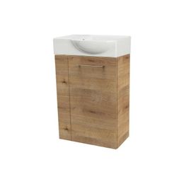 Fackelmann Milano sbc Gäste-WC Set 2 Teile – Waschtischunterschrank in Holz Braun mit Waschbecken aus Keramik – Waschbeckenunterschrank schmal – Türanschlag