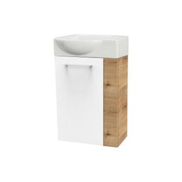 Fackelmann Milano sbc Gäste-WC Set 2 Teile – Waschtischunterschrank in Weiß mit Holz Braun mit Waschbecken Keramik – Waschbeckenunterschrank schmal –