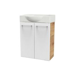 Fackelmann Milano sbc Gäste-WC Set 2 Teile - Waschtischunterschrank in Weiß mit Holz Braun mit Waschbecken aus Keramik - Waschbeckenunterschrank schmal - 2
