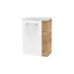 Fackelmann Milano sbc Gäste-WC Set 2 Teile – Waschtischunterschrank in Weiß mit Holz Braun mit Waschbecken aus Glas in Weiß – Waschbeckenunterschrank schmal –