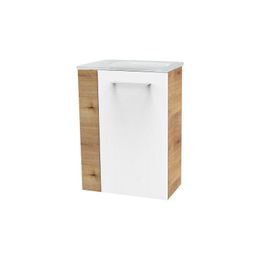 Fackelmann - milano sbc Gäste-WC Set 2 Teile – Waschtischunterschrank in Weiß mit Holz Braun mit Waschbecken aus Glas in Weiß –