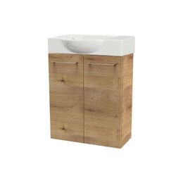 Fackelmann Milano sbc Gäste-WC Set 2 Teile – Waschtischunterschrank in Holz Braun mit Waschbecken aus Keramik – Waschbeckenunterschrank schmal – 2 Türen –