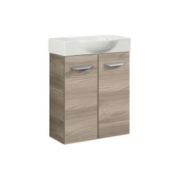 Fackelmann Luxor sbc Gäste-WC Set 2 Teile – Waschtischunterschrank in Holz Braun mit Waschbecken aus Keramik – Waschbeckenunterschrank schmal – 2 Türen –
