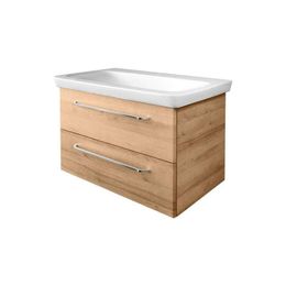 Fackelmann Milano Badmöbel Set 2 Teile – Waschtisch mit Unterschrank fürs Badezimmer – Waschbeckenunterschrank mit Schubladen in Holz braun – Badschrank hängend
