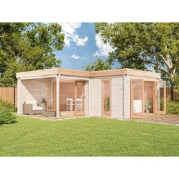 Alpholz Gartenhaus Sunbeam iso Gartenhaus aus Holz, Holzhaus mit 40 mm Wandstärke inklusive Terrasse inklusive Schleppdach Blockbohlenhaus - Naturbelassen