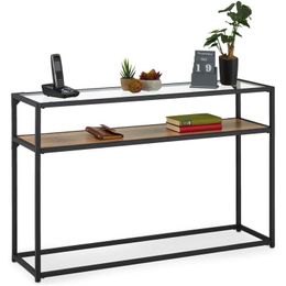 Konsolentisch, 2 Ebenen, Flur & Wohnzimmer, 70x110x30 cm, Metall, Glas, Holzoptik, Ablagetisch, schwarz/braun - Relaxdays