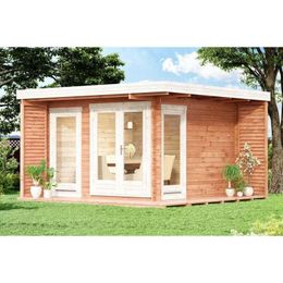 Gardenlounge Cube-44 Gartenhaus aus Holz, Holzhaus mit 44 mm Wandstärke inklusive Terrasse Blockbohlenhaus - Naturbelassen - Alpholz