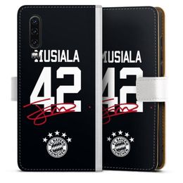DeinDesign Handyhülle Jamal Musiala FC Bayern München Fanartikel Musiala 42, Huawei P30 Hülle Handy Flip Case Wallet Cover Handytasche Leder, weiß