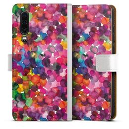 DeinDesign Handyhülle bunt Punkte Wasserfarbe Overlapped Watercolor Dots, Huawei P30 Hülle Handy Flip Case Wallet Cover Handytasche Leder, weiß