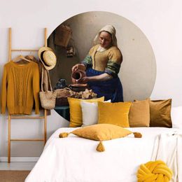 K&L WALL ART Runde Fototapete Vermeer Kunstdruck Tapete Milchkrug Gemälde Vliestapete Barock ø 236cm - beige