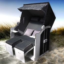 Brast Strandkorb Sylt 2-Sitzer für 2 Personen 115cm breit anthrazit weiß Nadelstreifen extra Fußkissen incl. Abdeckhaube Gartenliege Sonneninsel
