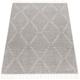 Paco Home Teppich &raquo;Auckland 291&laquo; rechteckig 21 mm H&ouml;he Kurzflor, Uni-Farben, Rauten Design, Hoch-Tief-Effekt, mit Fransen grau Obermaterial: 100%...