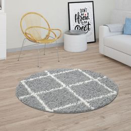 Paco Home Hochflor-Teppich &raquo;Kalmar 441&laquo; rund 40 mm H&ouml;he Scandi Design, Rauten Muster, weich & kuschelig grau Obermaterial: 100% Polypropylen &Oslash; 200...