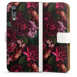 DeinDesign Handyhülle Rose Blumen Blume Dark Red and Pink Flowers, Huawei P20 Hülle Handy Flip Case Wallet Cover Handytasche Leder, weiß