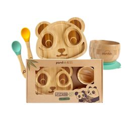pandoo Kindergeschirr-Set Kindergeschirr Set aus Bambus mit Silikonring (4-tlg)