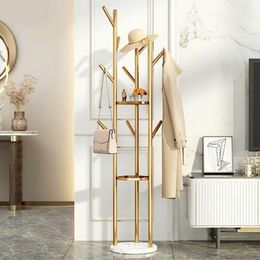 Garderobenständer Luxus Kleiderständer mit Marmor Ablagen und 9 Kleiderhaken, Standgarderobe Gold Metall Garderobe 172cm