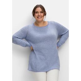 sheego Große Größen: Melierter Pullover mit Ajourmuster am Ärmel, mittelblau meliert, Gr.52/54