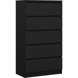 Kommode mit 5 Schubladen, Farbe: Schwarz Matt, h: 124 cm, b: 70 cm, t: 39 cm. Schubladenkommode, Kommode mit Schubladen, Sideboard Wohnzimmer