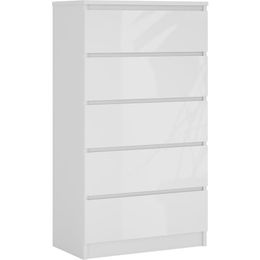 Kommode mit 5 Schubladen, Farbe: Weiss Matt/Weiss Glanz, h: 124 cm, b: 70 cm, t: 39 cm. Schubladenkommode, Kommode mit Schubladen, Sideboard