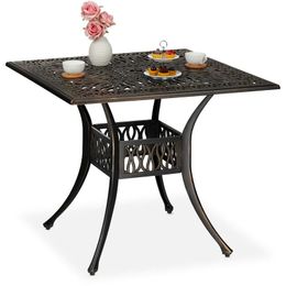 Gartentisch mit Schirmloch, antike Optik, Aluminiumguss, 75 x 90 x 90 cm, eckiger Balkontisch, schwarz/bronze - Relaxdays