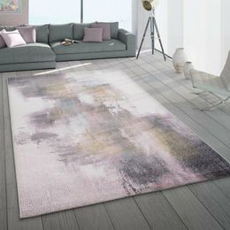 Teppich Wohnzimmer Kurzflor Abstrakt Pastell Used Look Modern Creme Grau Violett 80x150 cm - Paco Home