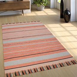 Paco Home - Wohnzimmer Natur Teppich m. Fransen, Moderner Handgewebter Kelim, 100% Baumwolle 80x150 cm, Apricot