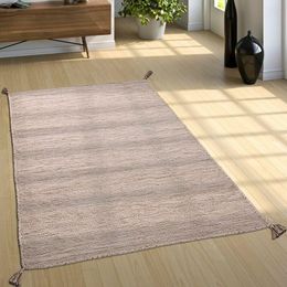 Paco Home - Wohnzimmer Natur Teppich m. Fransen, Moderner Handgewebter Kelim, 100% Baumwolle 80x150 cm, Beige