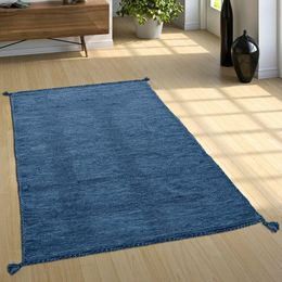 Paco Home Wohnzimmer Natur Teppich m. Fransen, Moderner Handgewebter Kelim, 100% Baumwolle 160x220 cm, Blau