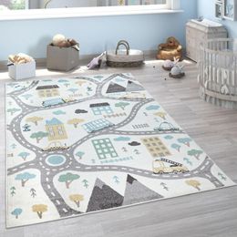 Kinderteppich Teppich Kinderzimmer Spielteppich Pastell Autos Creme Petrol Grau 240x340 cm - Paco Home