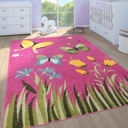 Kinderteppich Kinderzimmer Spielteppich Kurzflor Schmetterlinge Blumen In Pink 80x150 cm - Paco Home