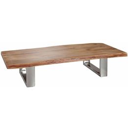 FineBuy Couchtisch 115 x 25 x 58 cm Akazie Massiv Holz Metallgestell groß, Baumstamm Wohnzimmertisch Massivholz Braun, Baumkante Sofatisch Landhaus