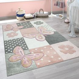 Kinder Teppich Kinderzimmer Bunt Rosa Schmetterlinge Karo Muster Punkte Blumen 133 cm Quadrat - Paco Home