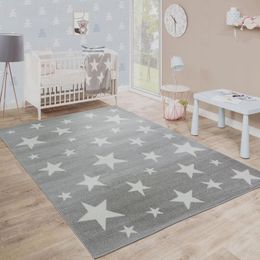 Moderner Kurzflor Kinderteppich Sternendesign Kinderzimmer Star Muster Grau Weiß ø 120 cm Rund - Paco Home