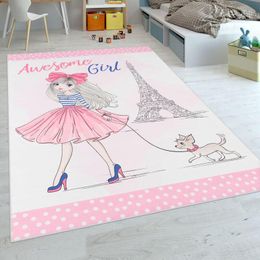Kinderteppich Kinderzimmer Teppich Mädchen Pastell Modern Eiffelturm Hund Rosa Blau 140x200 cm - Paco Home