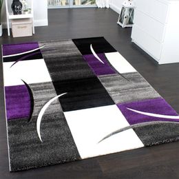 Designer Teppich Mit Konturenschnitt Trend Teppich Modern Kariert Lila Schwarz Grau 80x150 cm - Paco Home