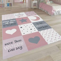 Kinderteppich, Kinderzimmer Teppich m. Stern, Mond u. Karo Motiven 80x150 cm, Pink - Paco Home