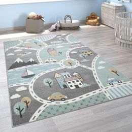 Kinder-Teppich Mit Straßen-Motiv, Spiel-Teppich Für Kinderzimmer, In Grün Grau ø 120 cm Rund - Paco Home