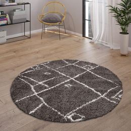 Hochflor Teppich Wohnzimmer Shaggy Skandinavisch Fransen Flauschig Modern 200 cm Rund, Anthrazit 2 - Paco Home