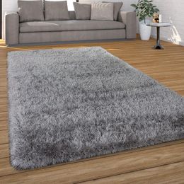 Paco Home Hochflor Teppich Wohnzimmer Schlafzimmer Shaggy Weich Modern Pastell Einfarbiges Design 80x150 cm, Grau