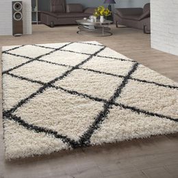 Paco Home - Hochflor Teppich Shaggy Für Wohnzimmer Skandi Stil Rauten-Design In Beige 100x200 cm