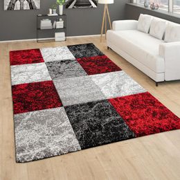 Teppich Wohnzimmer Kurzflor Geometrisches Muster Kariert 3D Design Rot Grau 160x230 cm - Paco Home