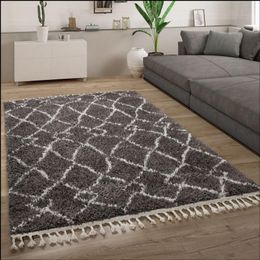 Hochflor Teppich Wohnzimmer Shaggy Skandinavisch Fransen Flauschig Modern 140x200 cm, Anthrazit - Paco Home