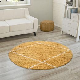 Paco Home - Hochflor Teppich Wohnzimmer Shaggy Langflor Skandinavisches Rauten Muster Gelb, 160 cm Rund