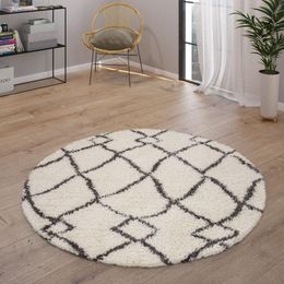 Hochflor Teppich Wohnzimmer Shaggy Skandinavisch Fransen Flauschig Modern 200 cm Rund, Creme - Paco Home