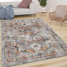 Teppich Wohnzimmer Kurzflor Vintage Orient Muster Ornamente Bordüre Creme Grau Rot 80x150 cm - Paco Home