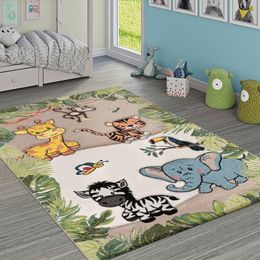 Kinderteppich Kinderzimmer Dschungel Tiere Giraffe Löwe Affe Zebra Beige Creme 140x200 cm - Paco Home